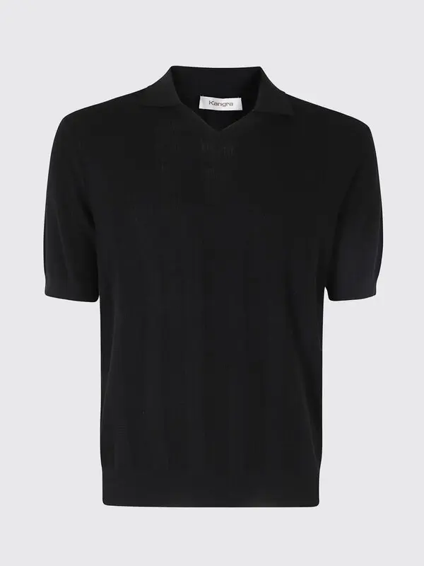 KANGRA Short-sleeved V-neck Viscose Knit Polo Shirt With Ribbed Trims - Black