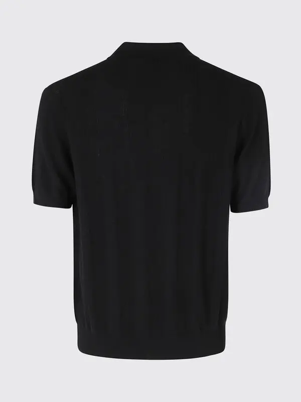 KANGRA Short-sleeved V-neck Viscose Knit Polo Shirt With Ribbed Trims - Black