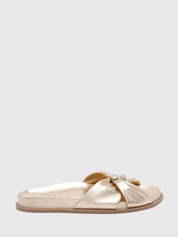 JIMMY CHOO Rafi Laminated Nappa Slide Sandals With Faux Pearls And Rhinestones - Gold