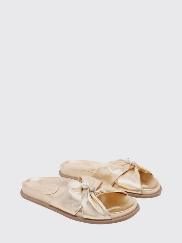 JIMMY CHOO Rafi Laminated Nappa Slide Sandals With Faux Pearls And Rhinestones - Gold