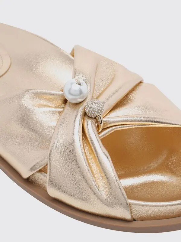 JIMMY CHOO Rafi Laminated Nappa Slide Sandals With Faux Pearls And Rhinestones - Gold