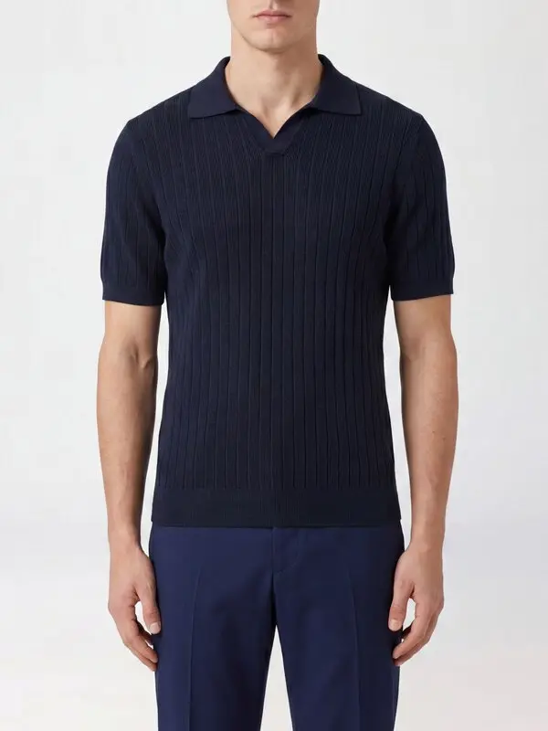Fedeli Slim Fit V-neck Knit Polo In Organic Cotton With Short Sleeves - Blue