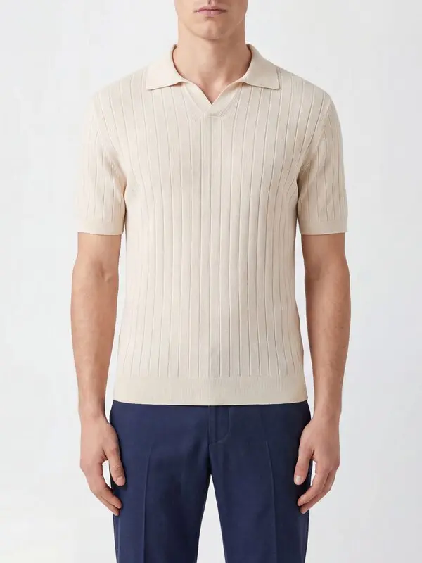Fedeli Slim Fit V-neck Knit Polo In Organic Cotton With Short Sleeves - Ivory