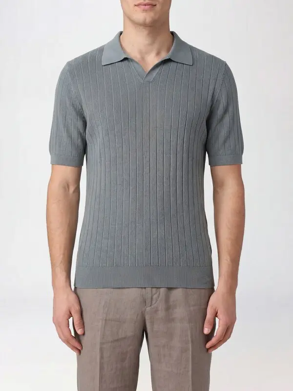 Fedeli Slim Fit V-neck Knit Polo In Organic Cotton With Short Sleeves - Olive