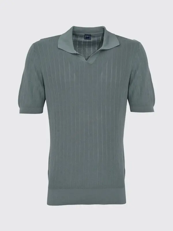 Fedeli Slim Fit V-neck Knit Polo In Organic Cotton With Short Sleeves - Olive