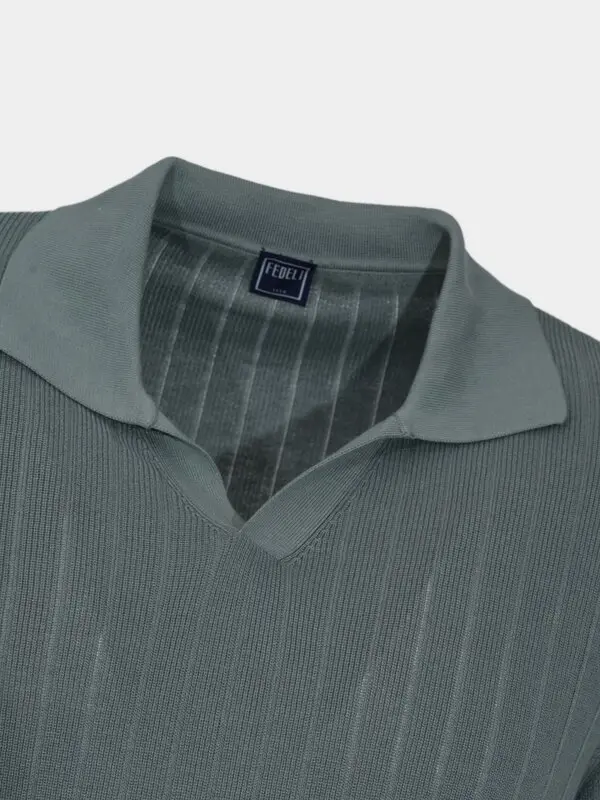 Fedeli Slim Fit V-neck Knit Polo In Organic Cotton With Short Sleeves - Olive