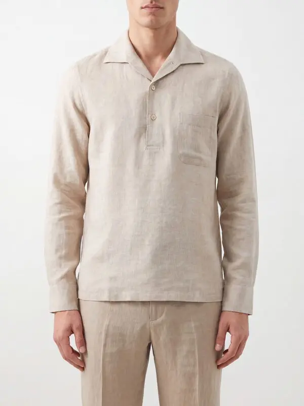 LARDINI Long-sleeved Shirt In Pure Linen With A Cuban Collar And Patch Pocket