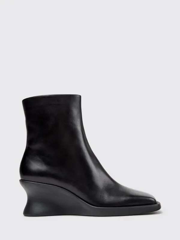 Camper Louise Smooth Leather Wedge Ankle Boots With Squared Toe - Black