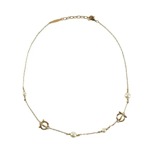 FERRAGAMO Gancini Faux Pearl Station Necklace /pearl - Gold