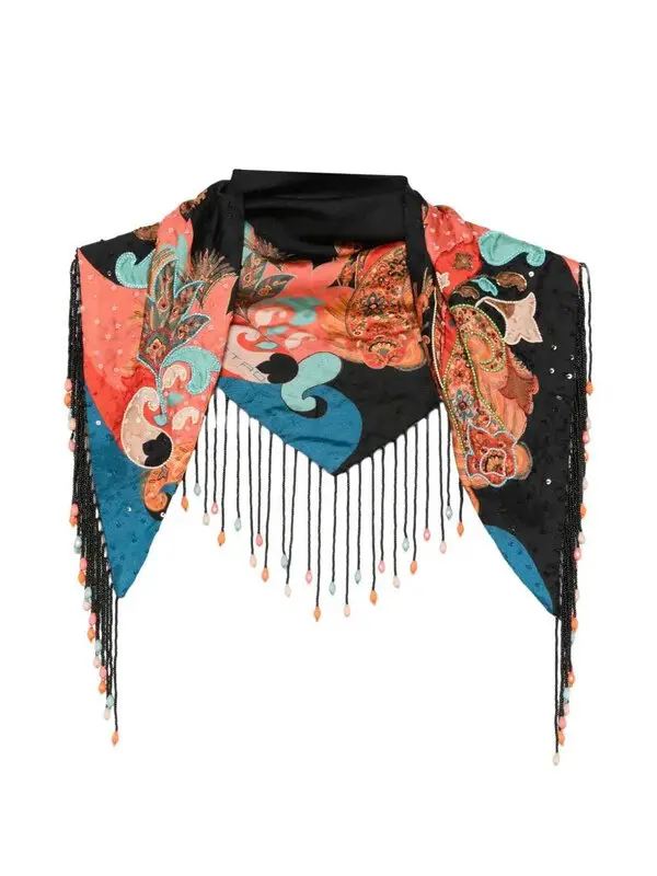 Etro Silk Scarf With Embossed Print And Beaded Fringe - Multicolor