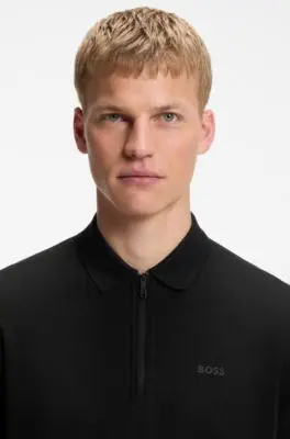 BOSS Zipper-neck Polo Shirt In Cotton-blend Jersey - Black