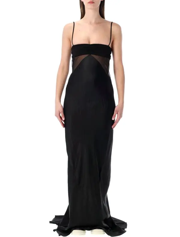 Rick Owens Combination Slip Gown Long Dress In Satin And Chiffon - Black