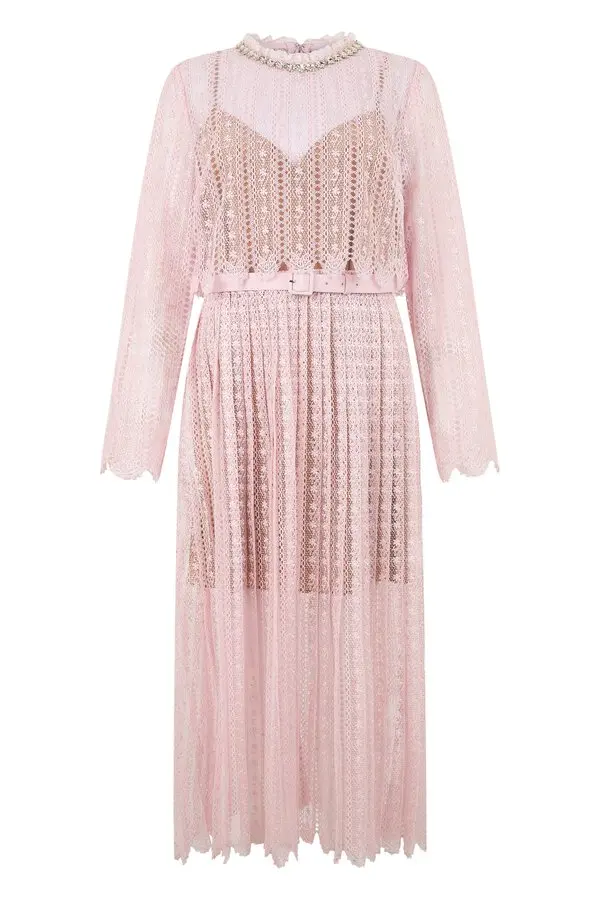 SELF-PORTRAIT Elegant Midi Dress With Sheer Sleeves - Pink