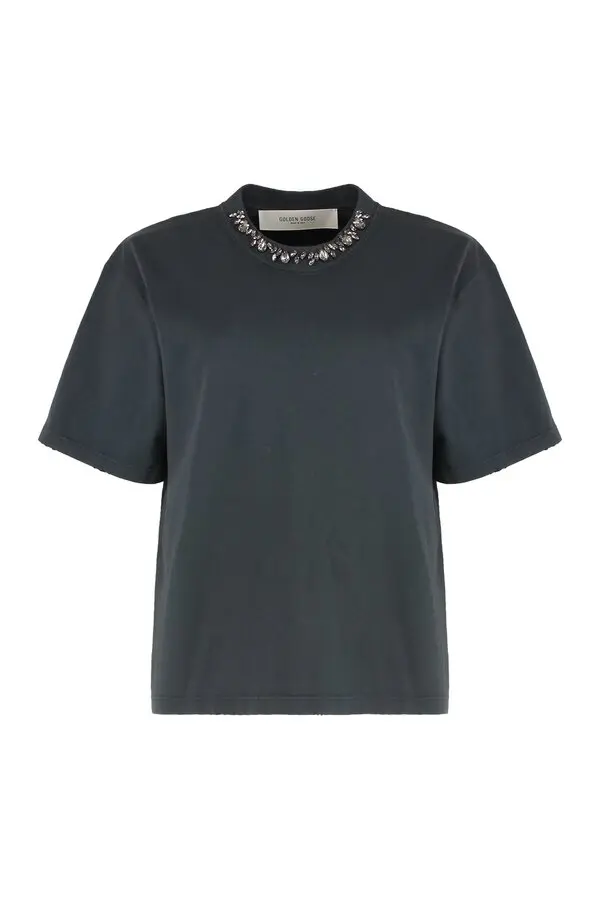 GOLDEN GOOSE Round Neck T-shirt With Cabochon Crystals - Grey
