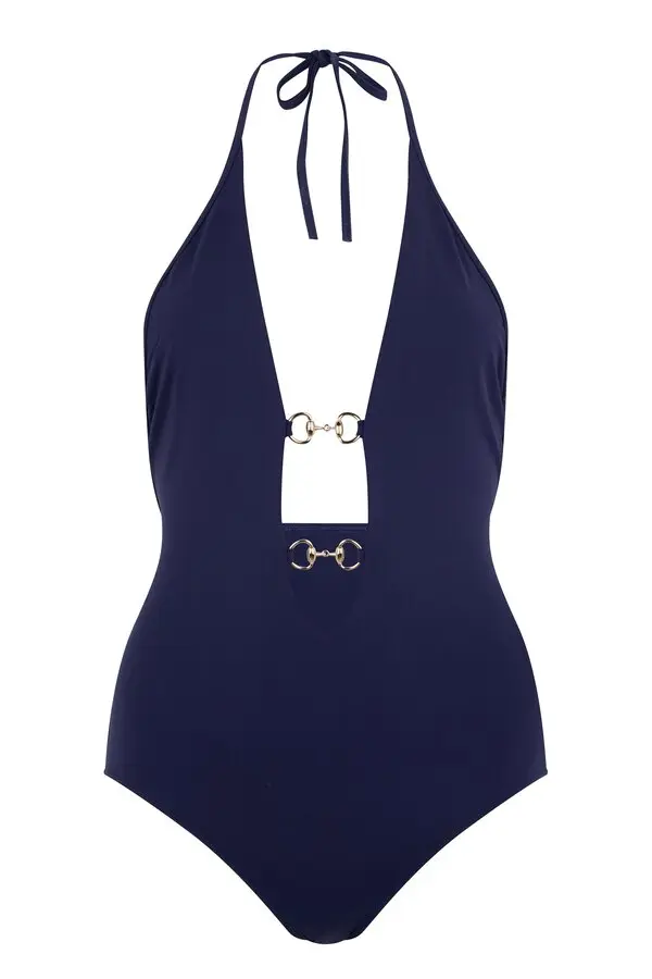 Gucci One-piece Swimsuit With Plunge Neckline And Hardware Detail - Blue