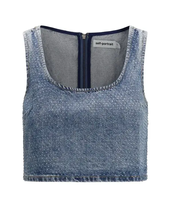 SELF-PORTRAIT Embellished Sleeveless Denim Tank Top