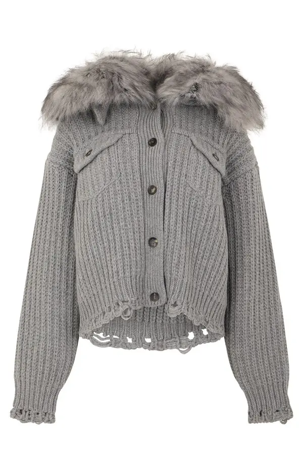 Blumarine Cardigan With Fur Collar - Grey