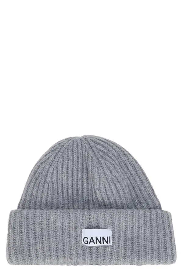 GANNI Ribbed Wool Blend Winter Hat With Logo - Grey