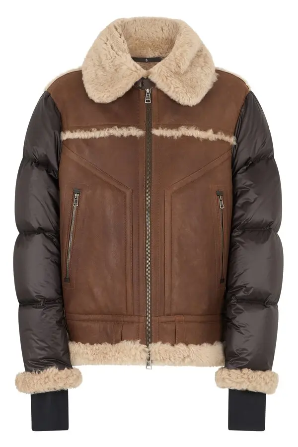 Moncler Mini Down Jacket With Napa Leather And Shearling Inserts - Brown