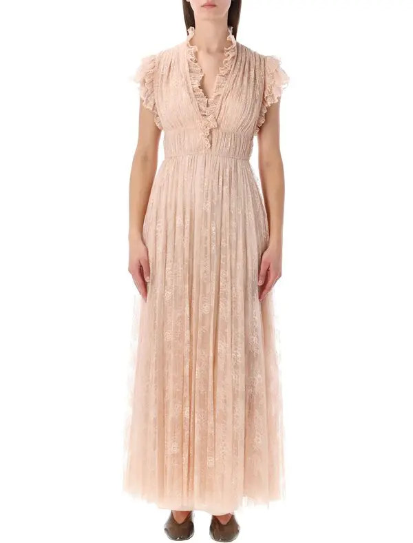 Alberta Ferretti Pleated Lace Maxi Dress - Pink
