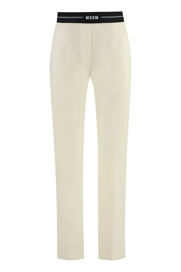 MSGM Palazzo Trousers In Cool Wool With Elastic Band And Logo - Ivory