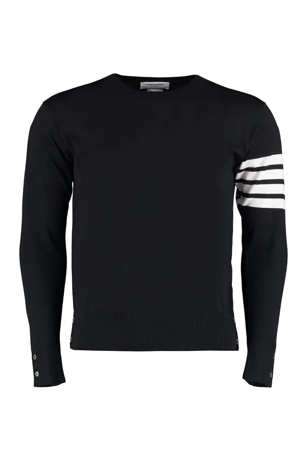 Thom Browne Classic Crewneck Pullover W/ Bar Sleeve In Fine Merino Wool - Blue