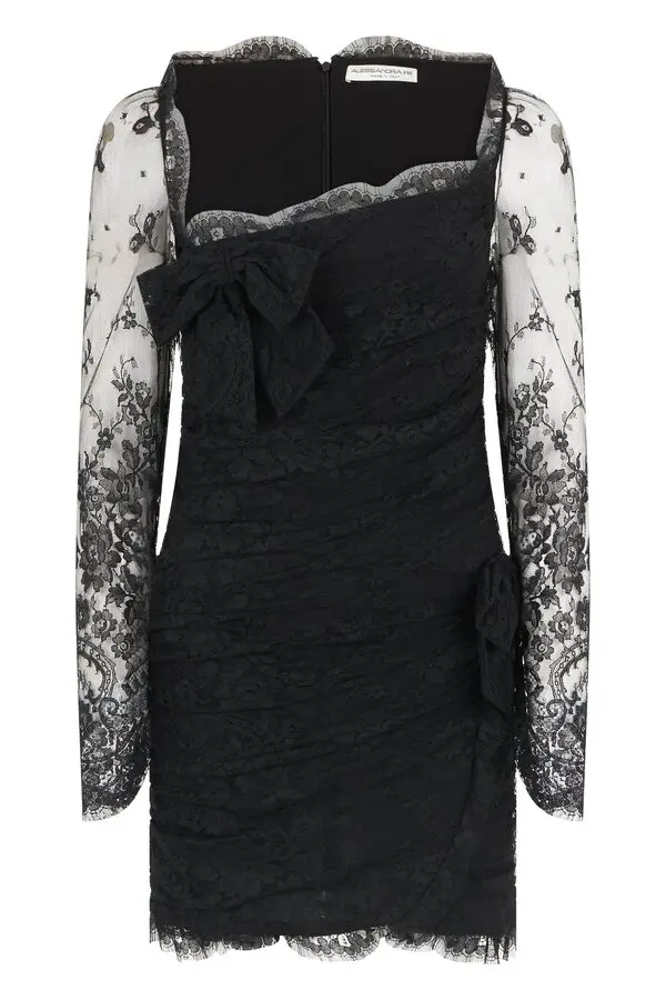Alessandra Rich Lace Mini Dress With Sheer Sleeves And Bow Detail - Black
