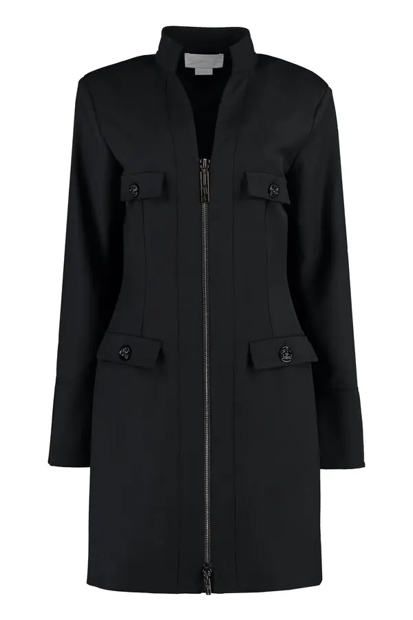 GENNY Zip-up Mini Dress With Cutaway Collar And Flap Pockets - Black