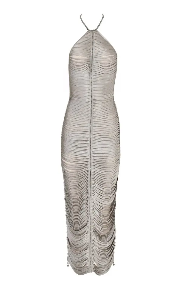 FRANCESCA MIRANDA Halterneck Silk Dress With Hand-sewn Fringes - Silver