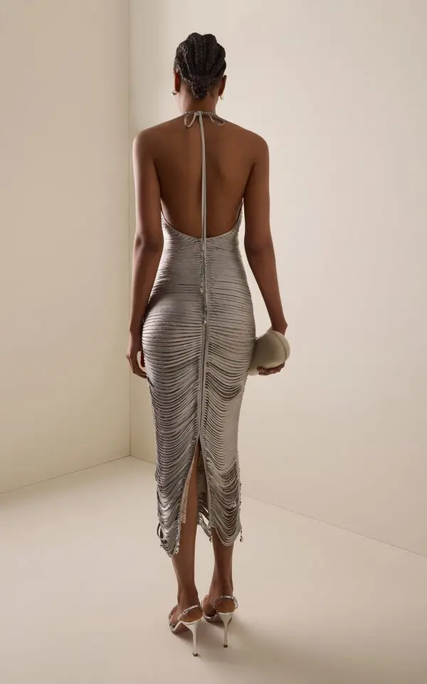 FRANCESCA MIRANDA Halterneck Silk Dress With Hand-sewn Fringes