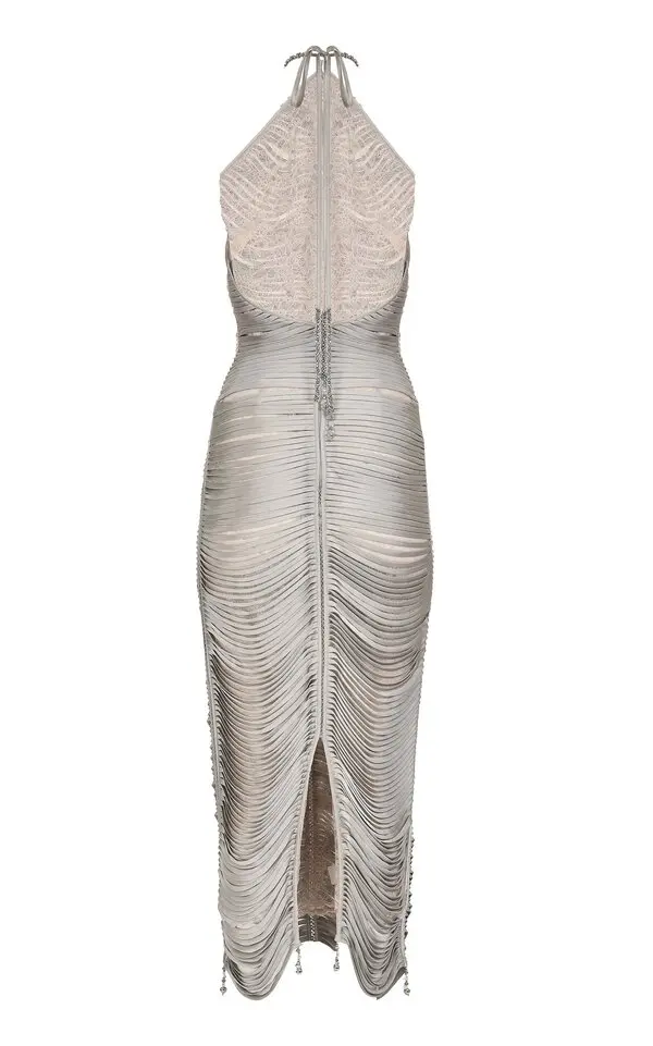 FRANCESCA MIRANDA Halterneck Silk Dress With Hand-sewn Fringes