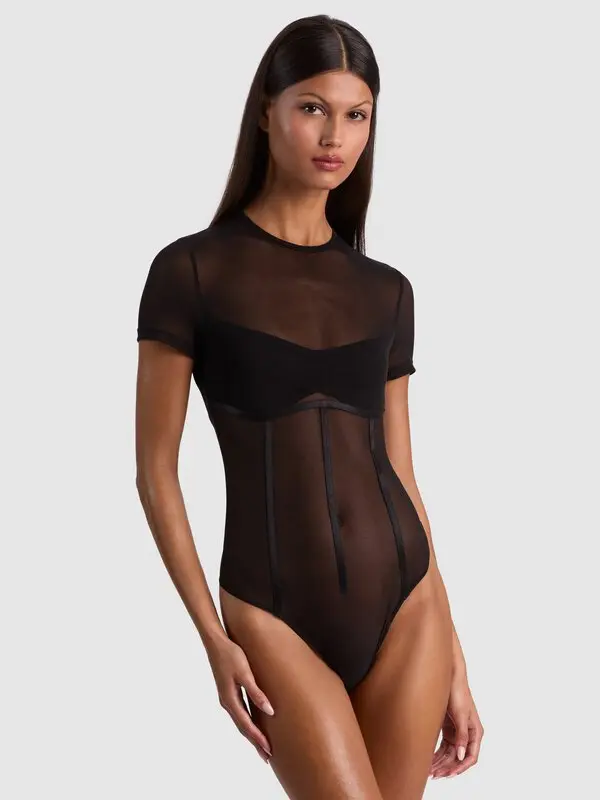 Alice + Olivia Whitney Sheer Seamed Bodysuit - Black