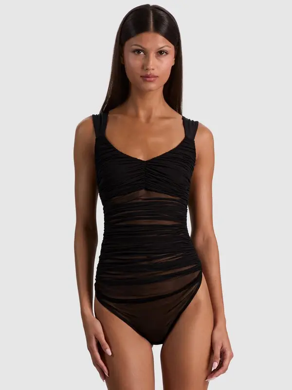 Alice + Olivia Renee Sheer Ruched Bodysuit - Black