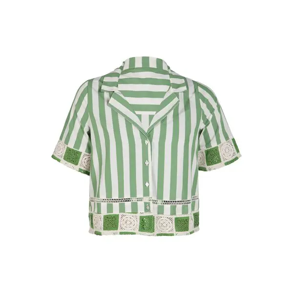 ROSE & NANCY Helena Stripe Crochet Trim Cotton Resort Shirt - Green