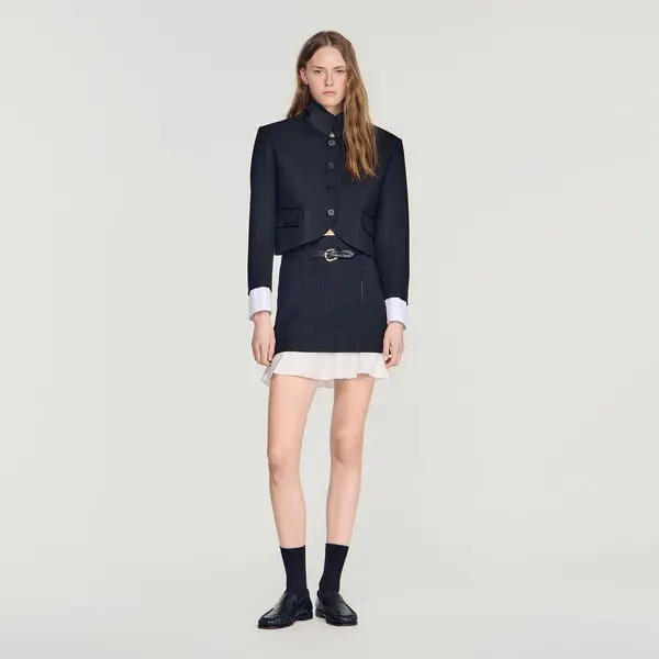 Sandro Mini Striped Ruffled Skirt - Black