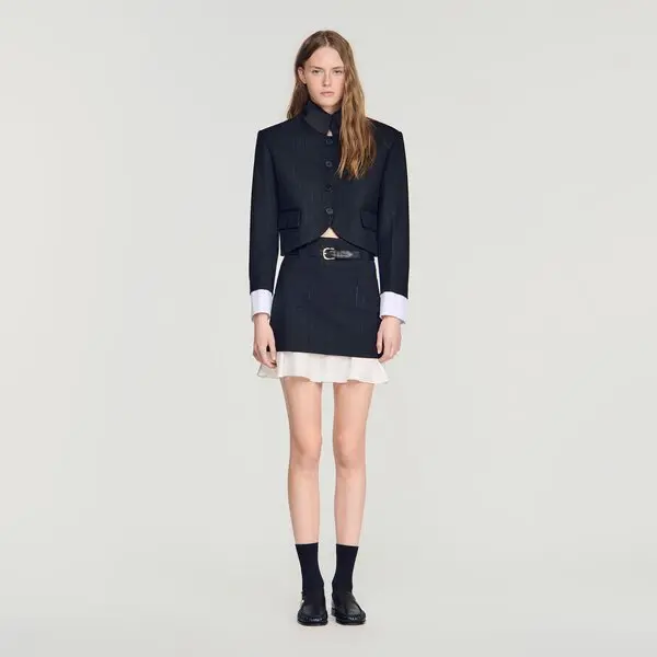 Sandro Mini Striped Ruffled Skirt With Buckle Belt