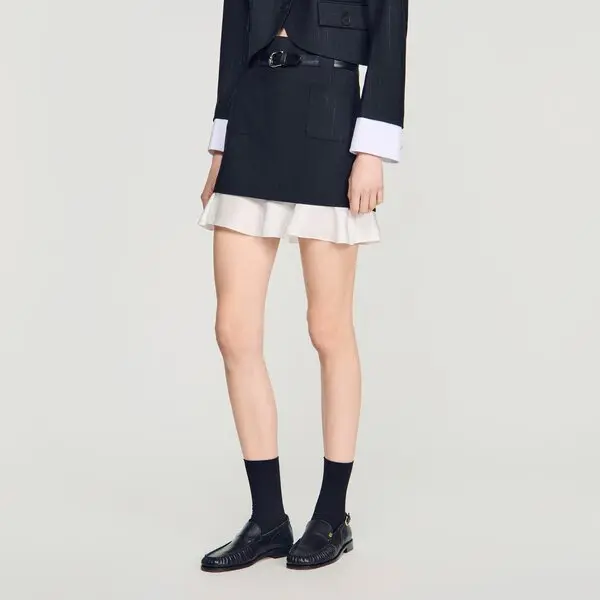 Sandro Mini Striped Ruffled Skirt With Buckle Belt