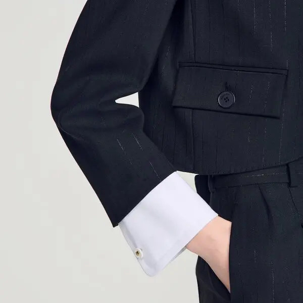 Sandro Cropped Striped Jacket With Standing Collar