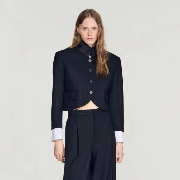 Sandro Cropped Striped Jacket With Standing Collar