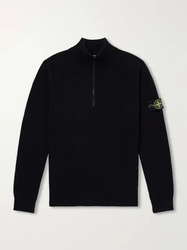 Stone Island Ribbed Cotton Zip-up Sweater - Black