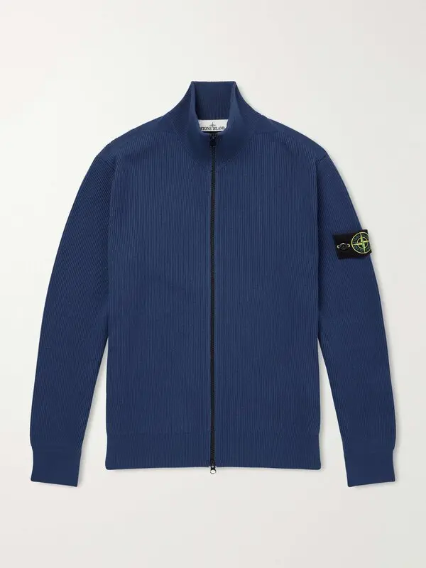 Stone Island Ribbed Cotton Zip-up Sweater - Blue