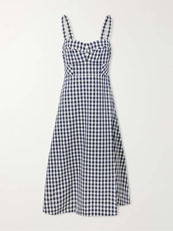 Veronica Beard Lois Checked Stretch-cotton Cloqué Midi Dress - Navy