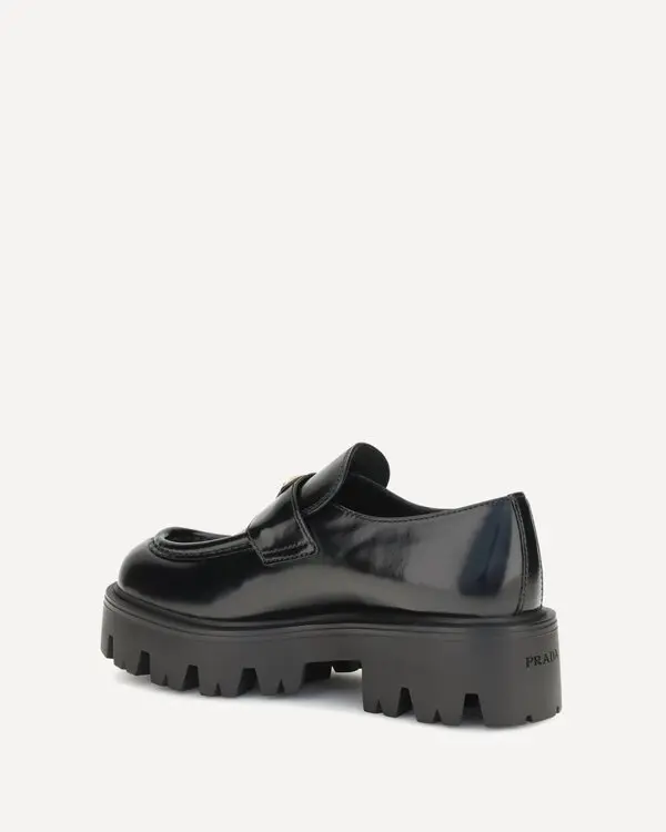 Prada Brushed Leather Loafers With Enameled Triangle Logo