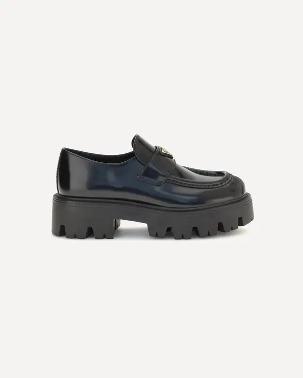 Prada Brushed Leather Loafers With Enameled Triangle Logo