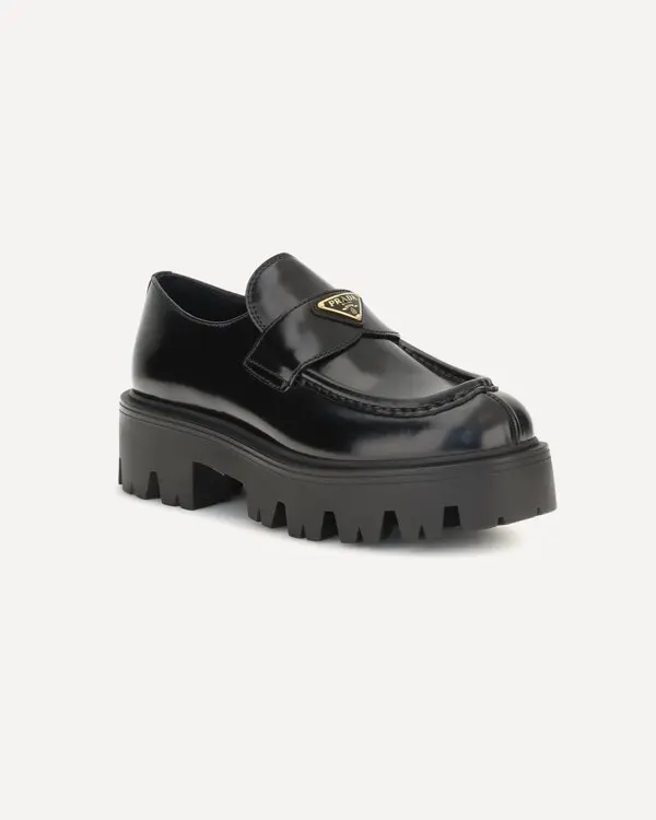 Prada Brushed Leather Loafers With Enameled Triangle Logo