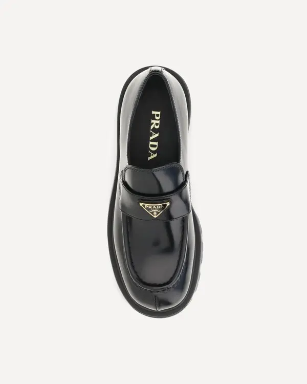 Prada Brushed Leather Loafers With Enameled Triangle Logo