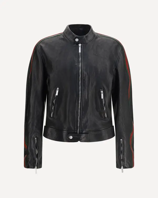 Gucci Buffalo Leather Bomber With Web Trim - Black