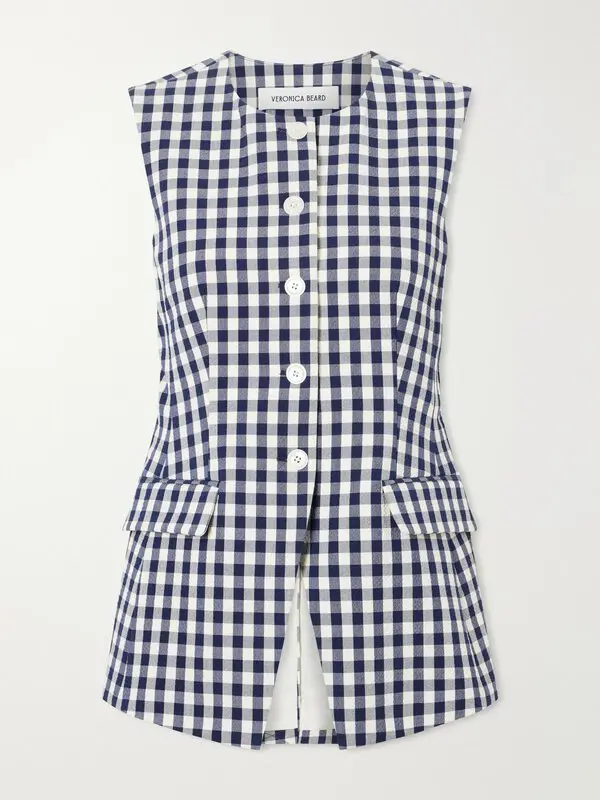 Veronica Beard Lois Checked Stretch-cotton Cloqué Tank - Blue