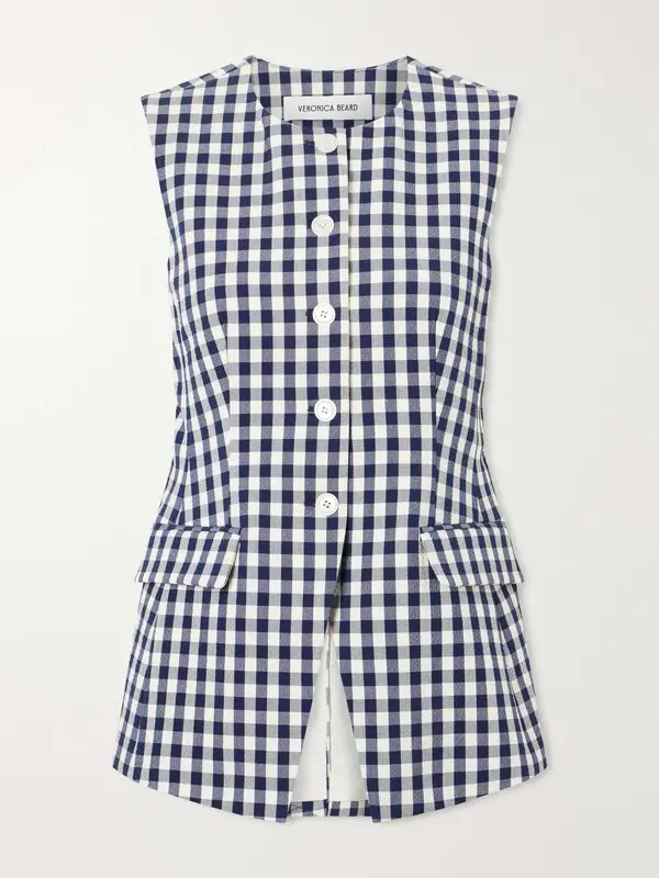 Veronica Beard Lois Checked Stretch-cotton Cloqué Tank - Navy