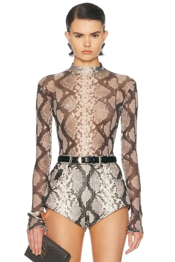 Lapointe Printed Mesh Mock Neck Bodysuit In Grey